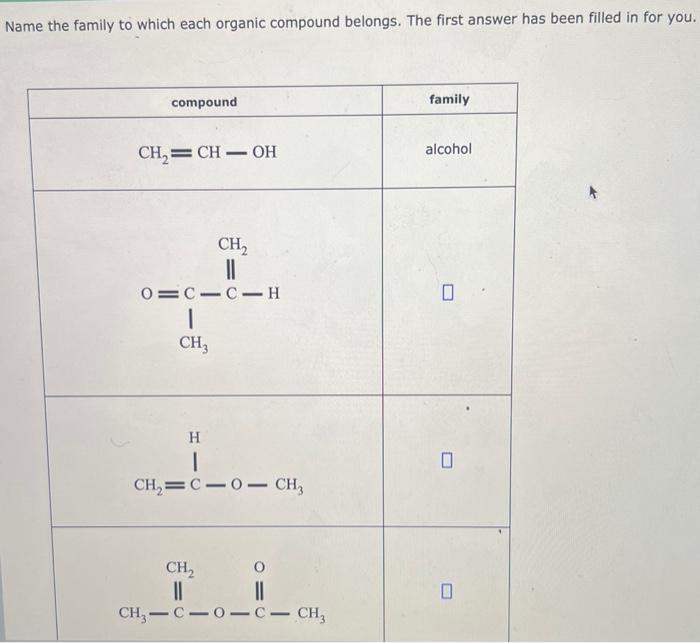 Solved Name the family to which each organic compound | Chegg.com Solved Name the family to which each organic compound | Chegg.com