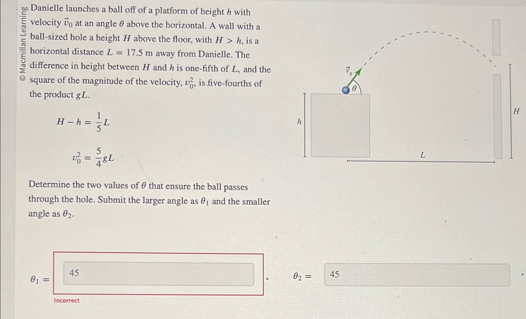 Solved Danielle launches a ball off of a platform of height | Chegg.com