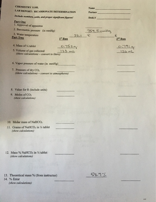 Solved CHEMISTRY 1110L LAB REPORT: BICARBONATE DETERMINATION | Chegg.com