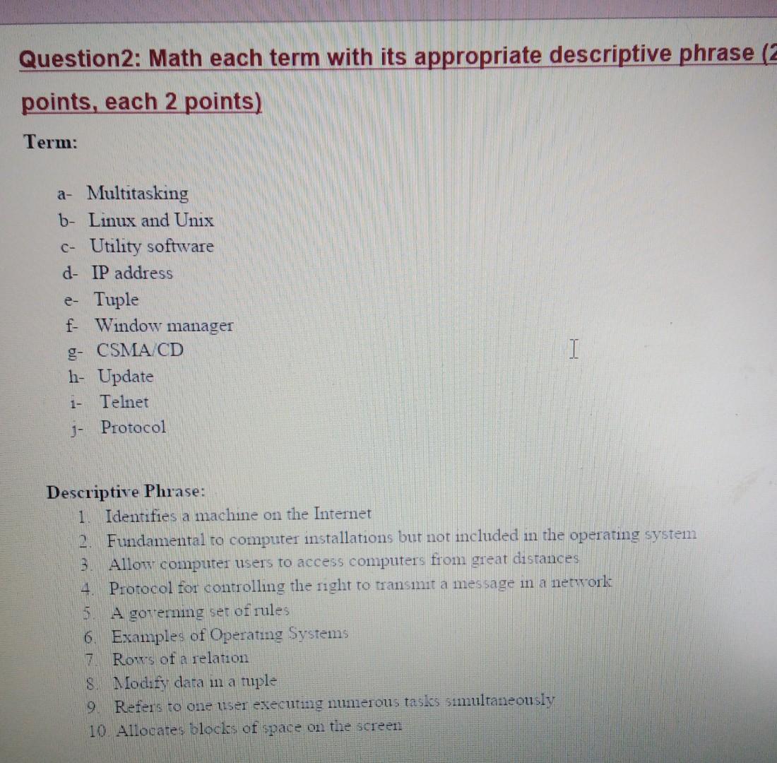 Solved Question2: Math each term with its appropriate | Chegg.com