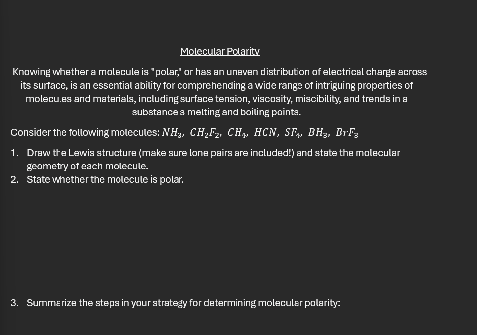 Solved Molecular Polarity Knowing whether a molecule is | Chegg.com