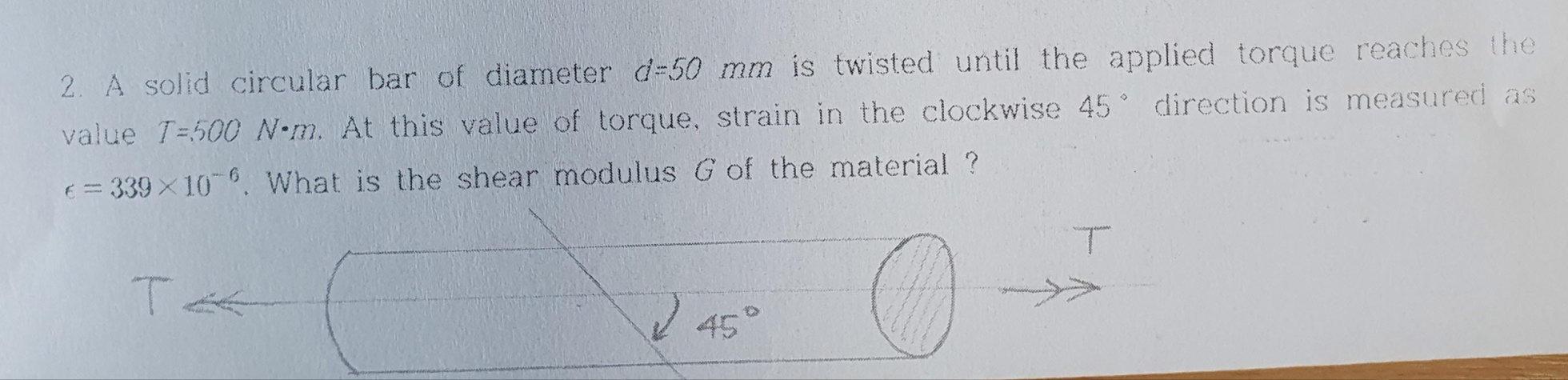 Solved A solid circular bar of diameter d=50mm ﻿is twisted | Chegg.com