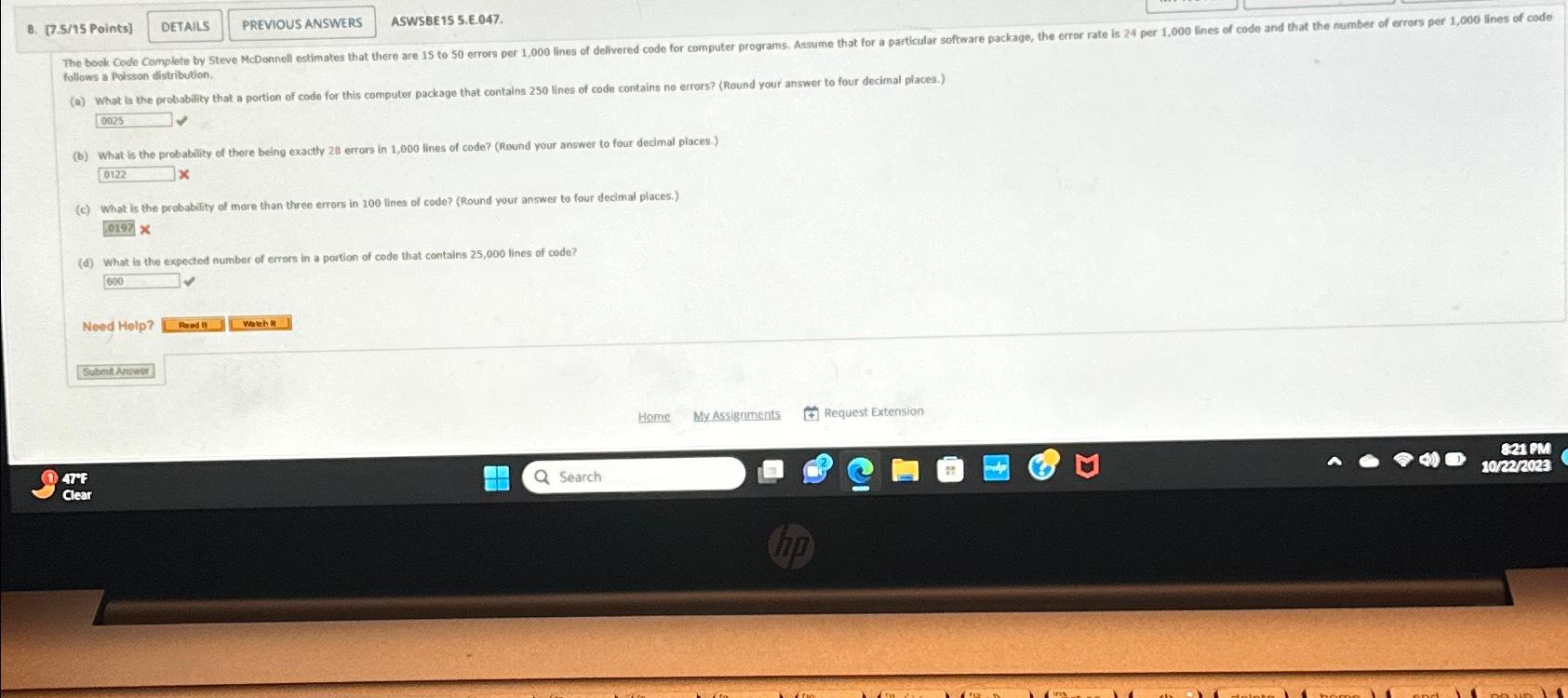 Solved [7.5/15 ﻿Points]ASWSBE 15 5.E.047. ﻿follows a Poisson | Chegg.com