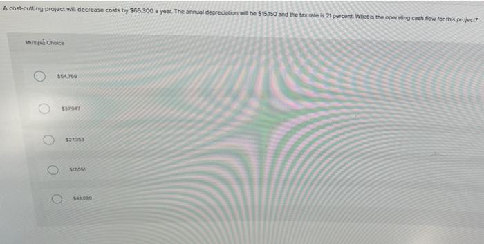 Solved A cost-cutting project will decrease costs by $65,300 | Chegg.com