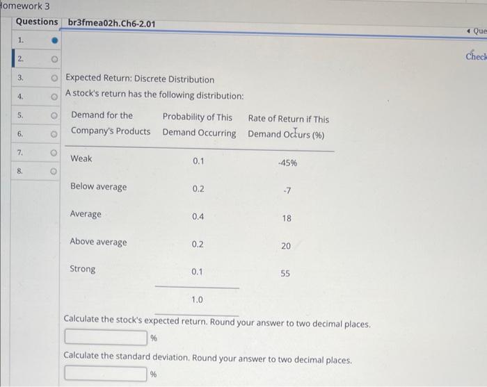 Solved Calculate the stock's expected return. Round your | Chegg.com