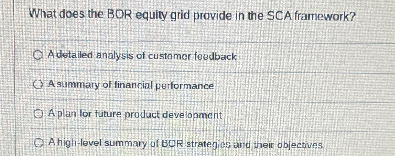 Solved What does the BOR equity grid provide in the SCA | Chegg.com