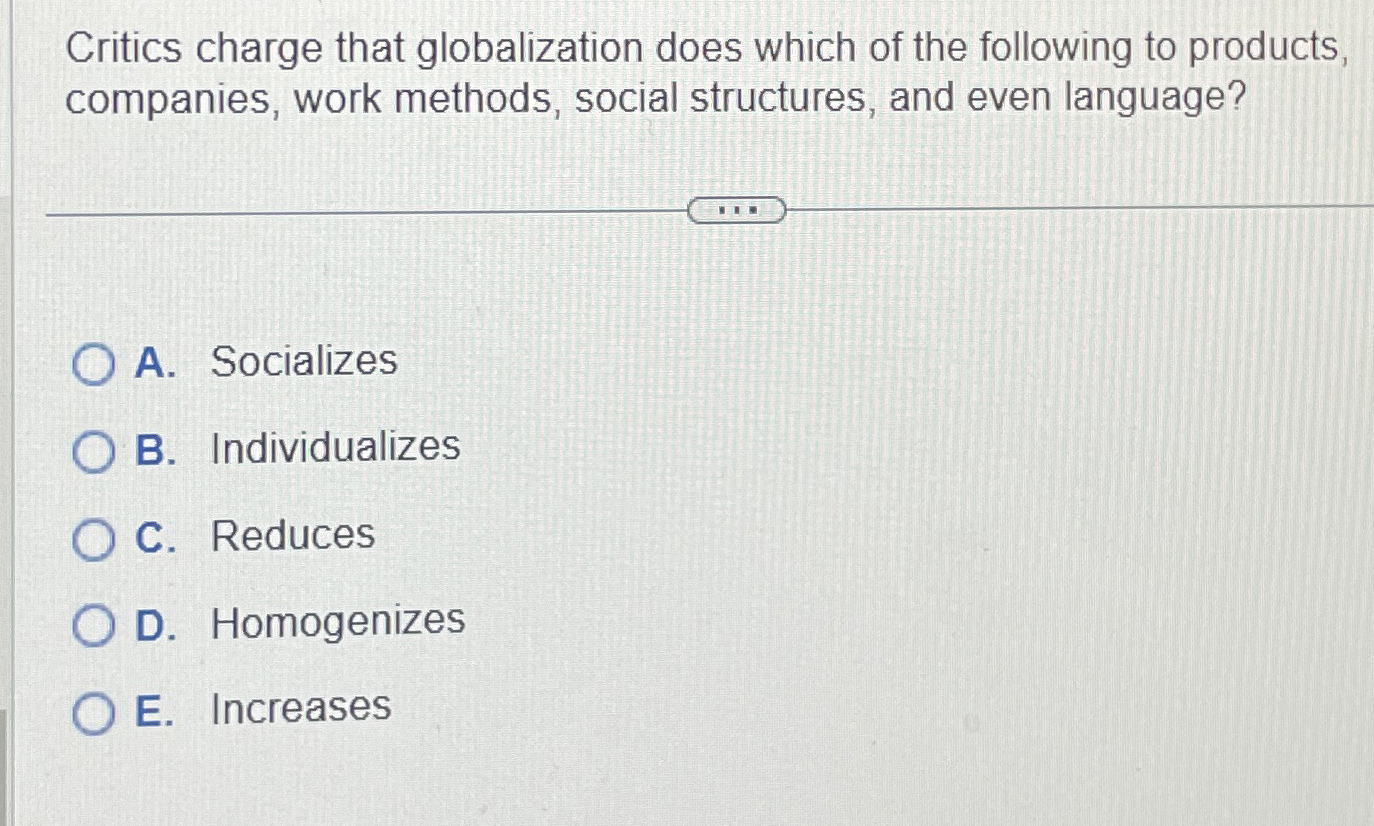 Solved Critics charge that globalization does which of the | Chegg.com