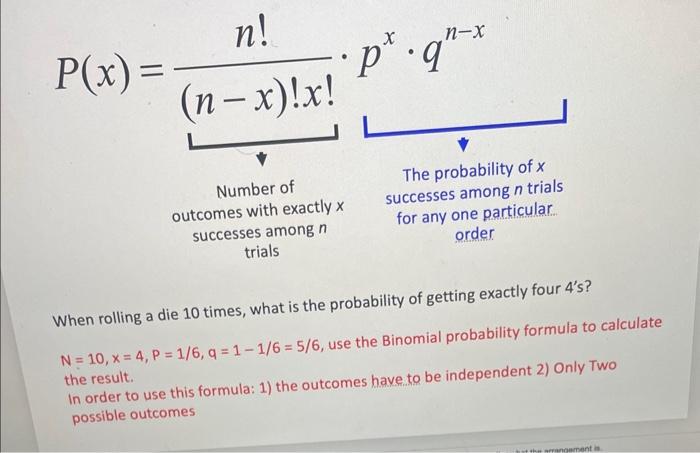 Solved P(x)=(n−x)!x!n!⋅px⋅qn−x 1nπ Number of The probability | Chegg.com