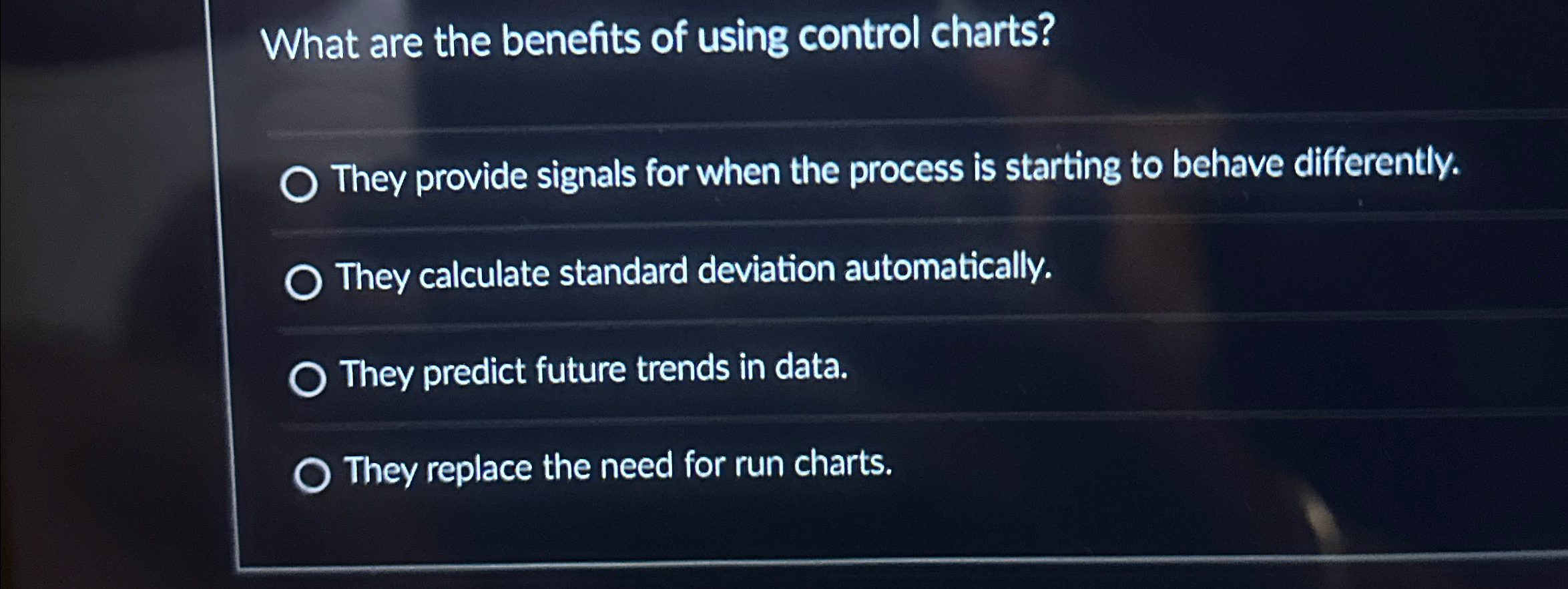 Solved What are the benefits of using control charts?They | Chegg.com