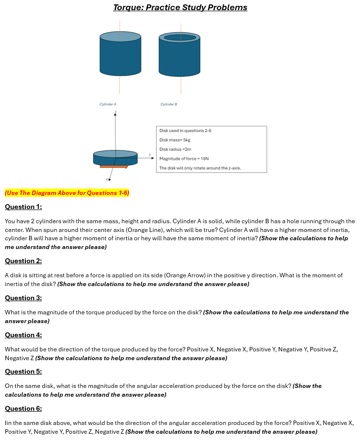 Solved Torque: Practice Study ProblemsCylinder ACylinder | Chegg.com