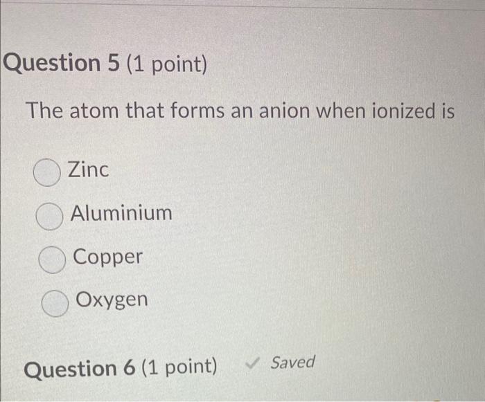 Solved Question 5 (1 point) The atom that forms an anion | Chegg.com