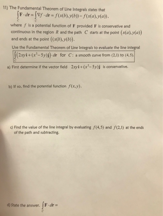Solved 11) The Fundamental Theorem of Line Integrals states | Chegg.com