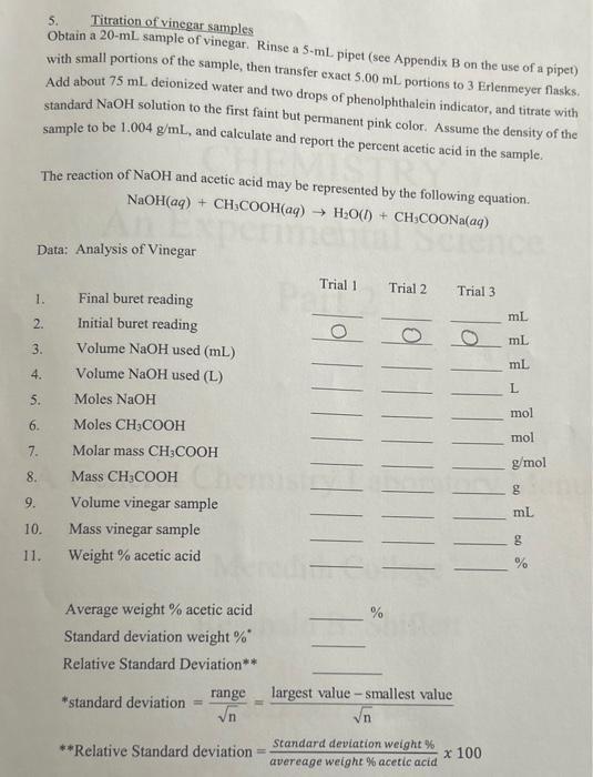 5. Titration of vinegar samples Obtain a 20-mL sample | Chegg.com