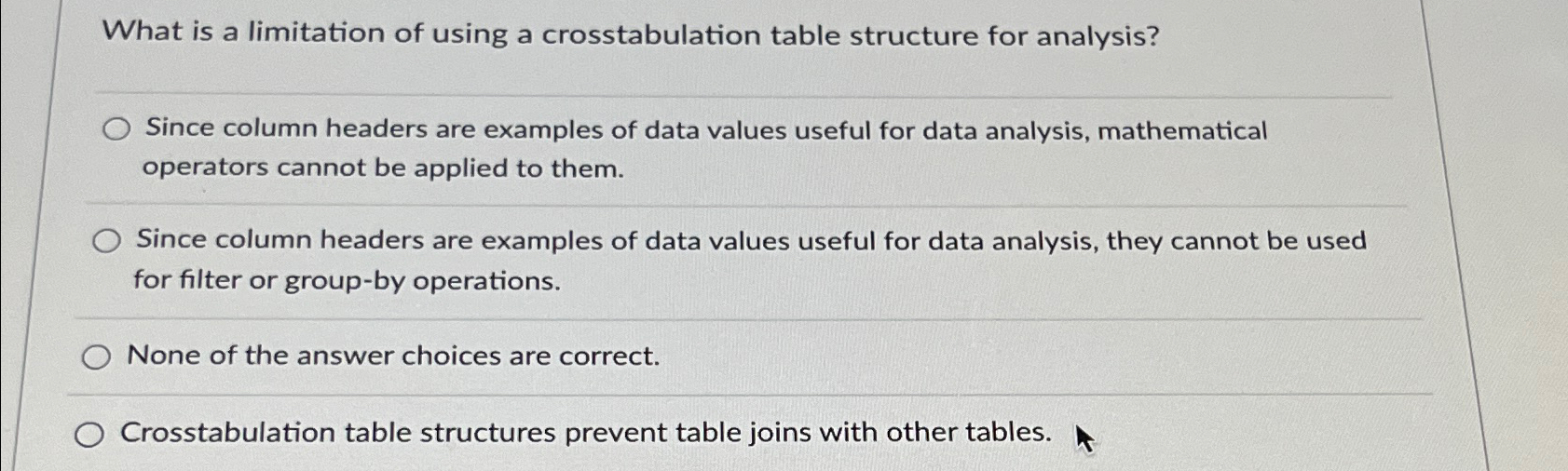 Solved What is a limitation of using a crosstabulation table | Chegg.com