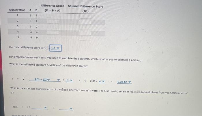 Solved Observation Difference Score (D = B - A) Squared | Chegg.com