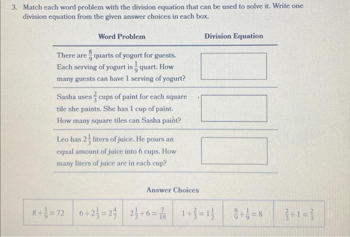 Solved 3. Match each word problem with the division equation | Chegg.com