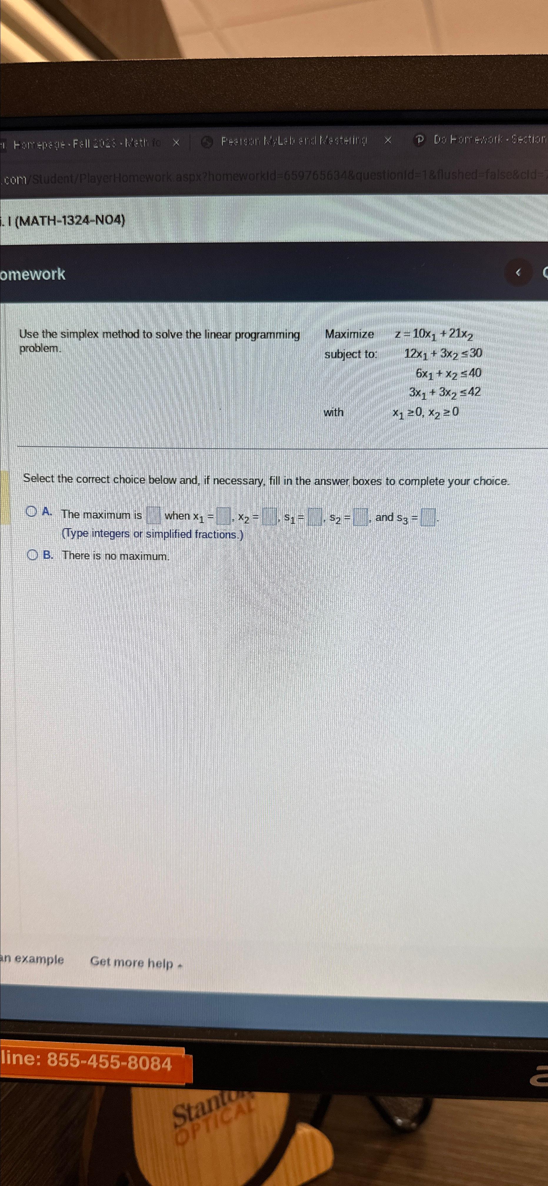 Solved I Math 1324 No4use The Simplex Method To Solve The 