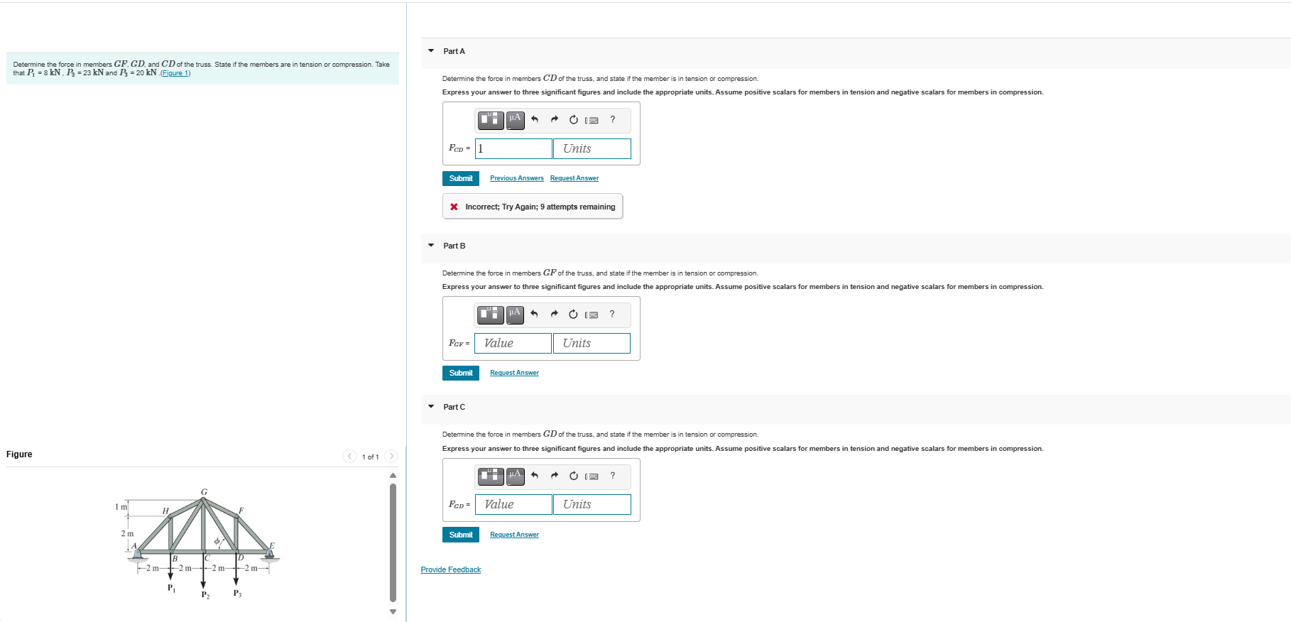Solved Determine the force in members \( ﻿G F, ﻿G D \), ﻿and | Chegg.com