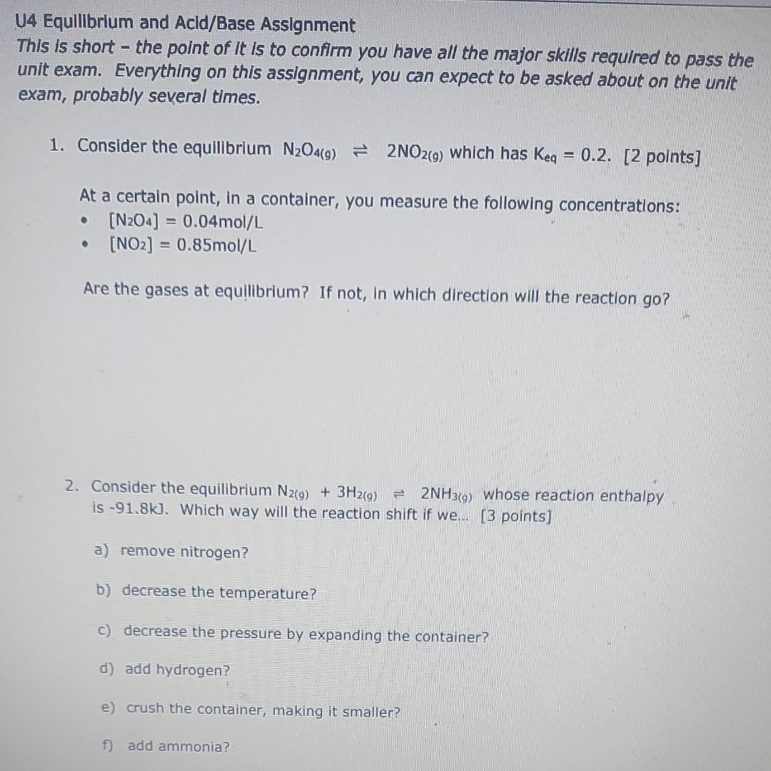 Solved 4 Equilibrium and Acid/Base Assignment This is short | Chegg.com