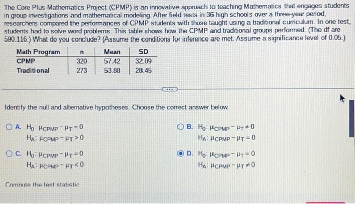 Solved The Core Plus Mathematics Pryoct (CPMP) is an | Chegg.com