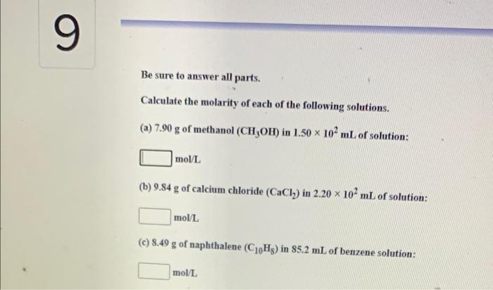 Solved 9 Be sure to answer all parts. Calculate the molarity | Chegg.com