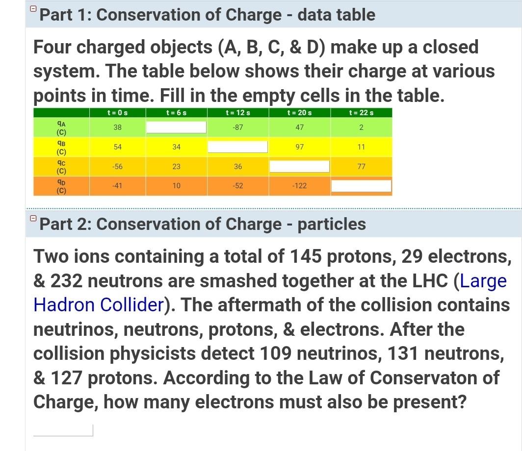 Solved Part 1: Conservation of Charge - data table Four | Chegg.com