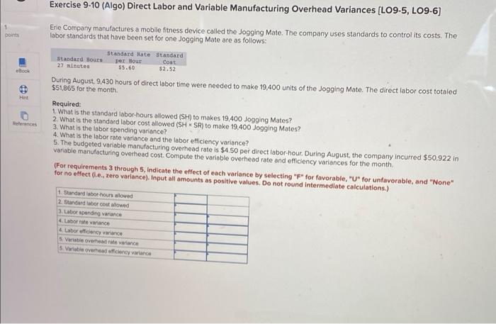 Solved Exercise 9-10 (Algo) Direct Labor and Variable | Chegg.com