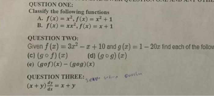 Solved QUSTION ONE: Classify the following functions A. f(x) | Chegg.com