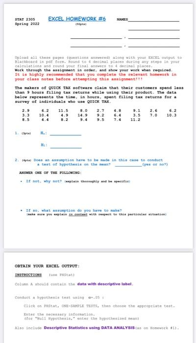 STAT 2305 NAMES EXCEL HOMEWORK #6 (50p) Spring 2022 | Chegg.com