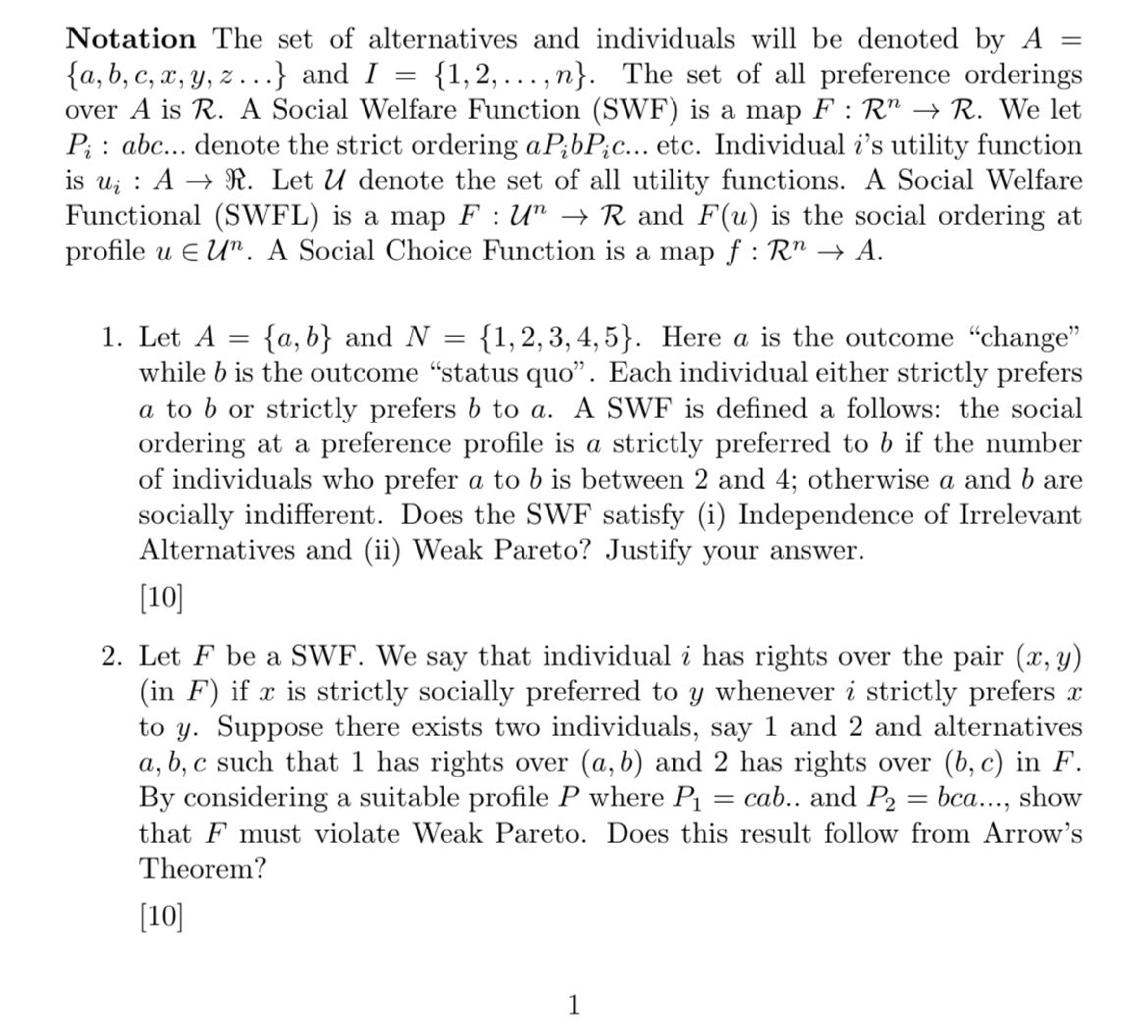 Solved Notation The set of alternatives and individuals will | Chegg.com