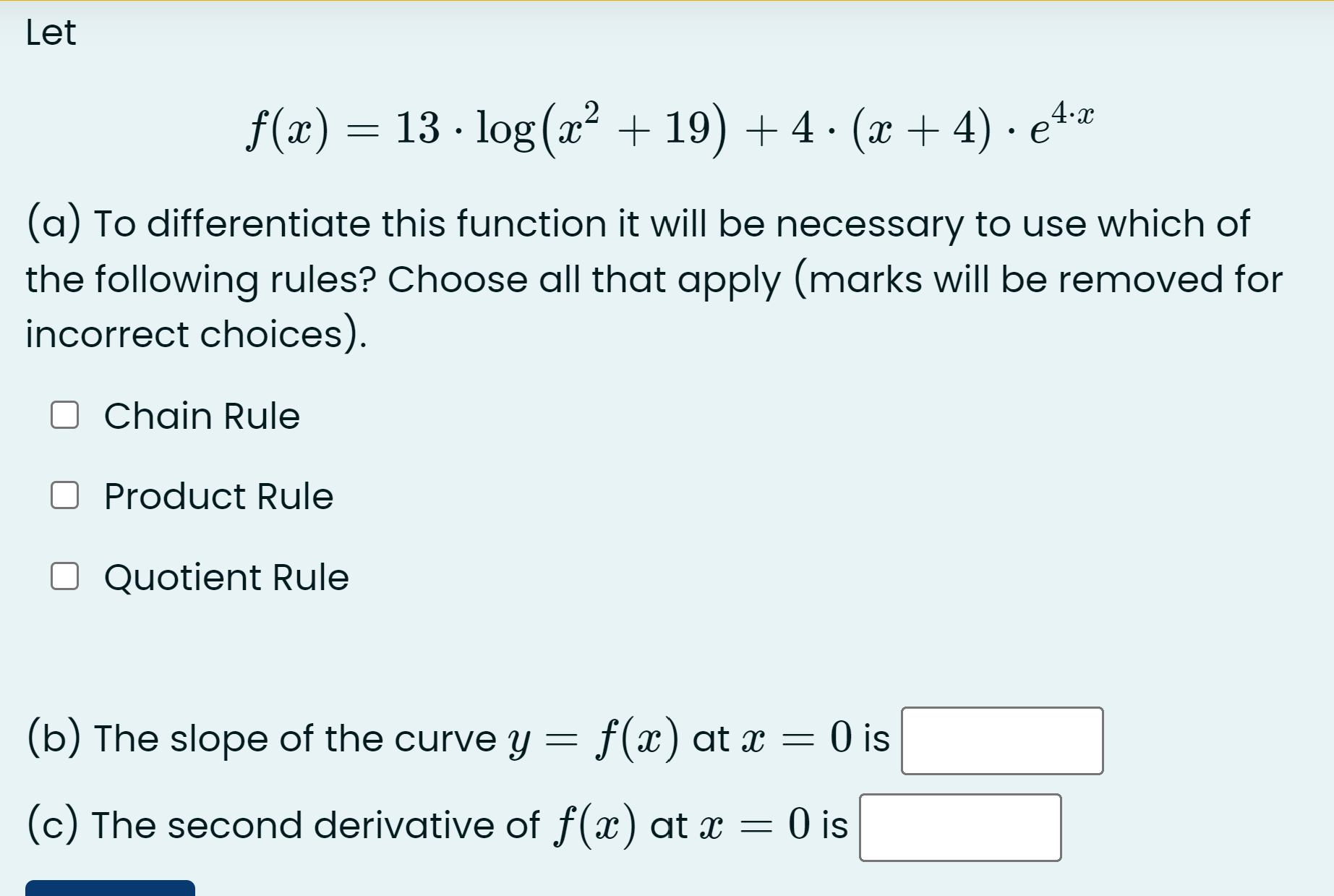 Solved Letf(x)=13*log(x2+19)+4*(x+4)*e4*x(a) ﻿To | Chegg.com