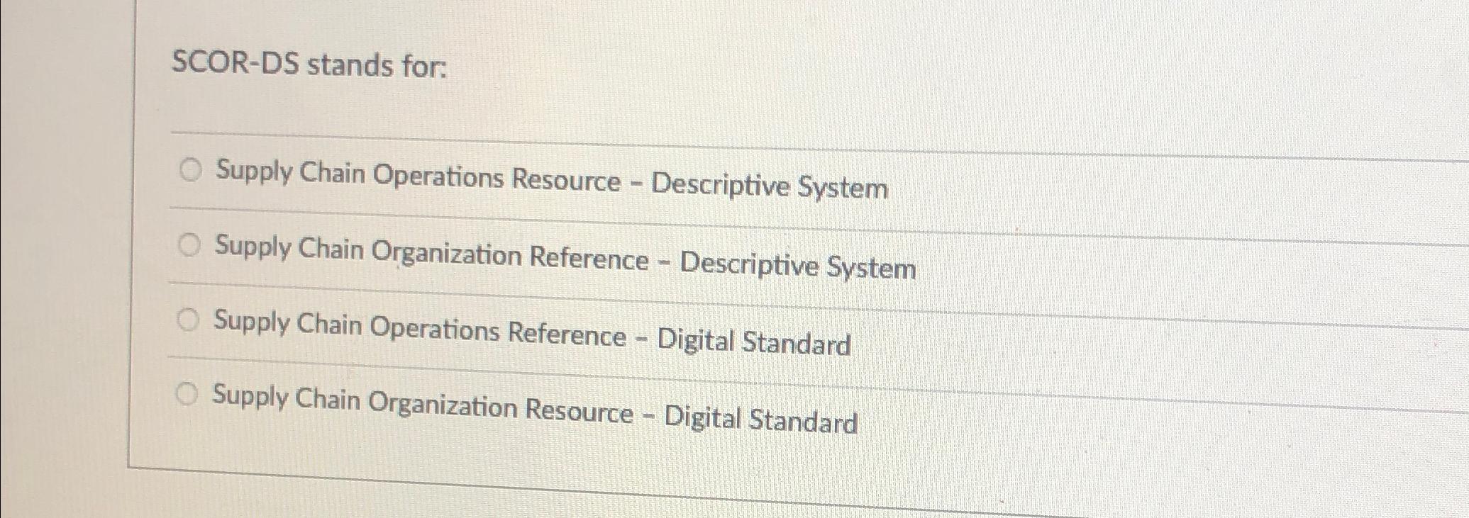 Solved SCOR-DS stands for:Supply Chain Operations Resource - | Chegg.com