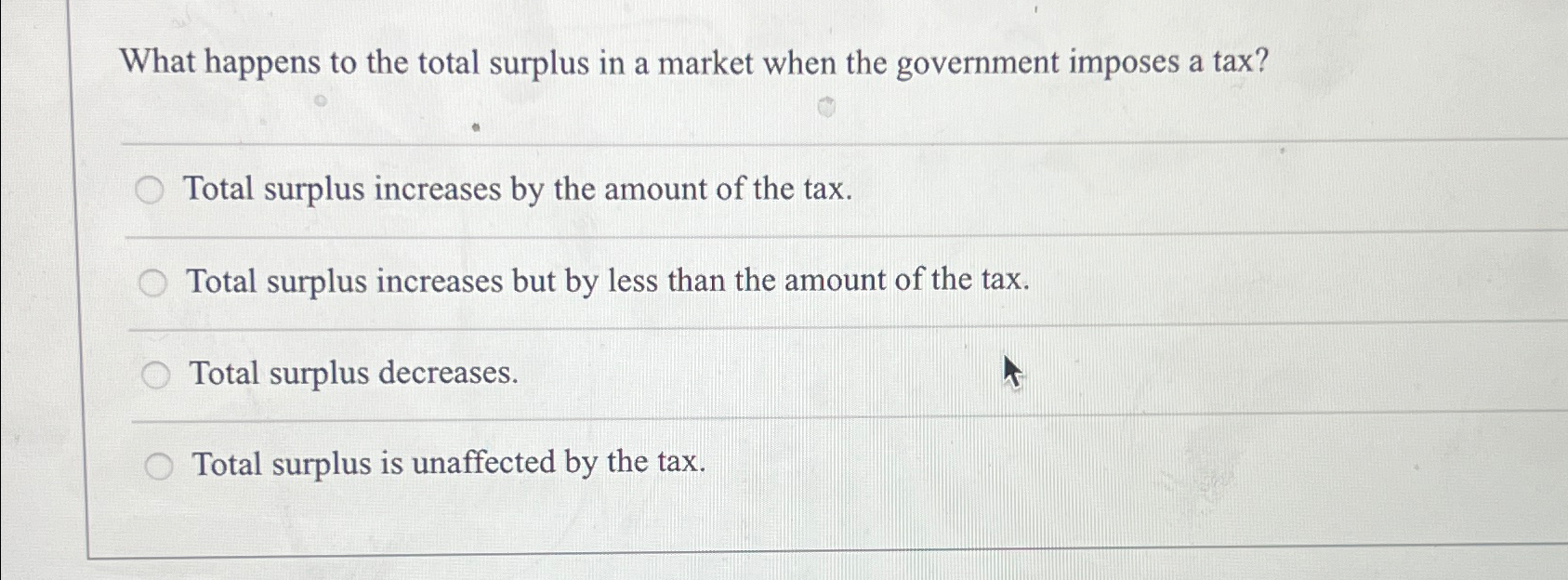 Solved What happens to the total surplus in a market when | Chegg.com