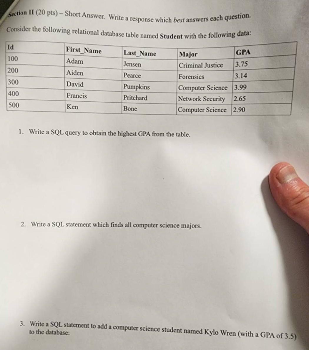 Solved Section Ii 20 Pts Short Answer Write A Response