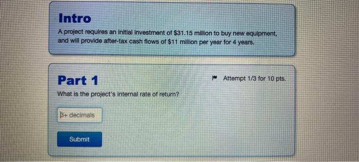 Solved Intro A project requires an initial investment of | Chegg.com