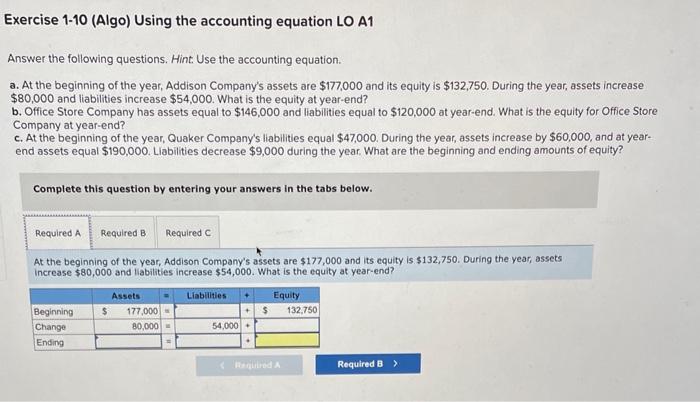Solved Exercise 1-10 (Algo) Using the accounting equation LO | Chegg.com