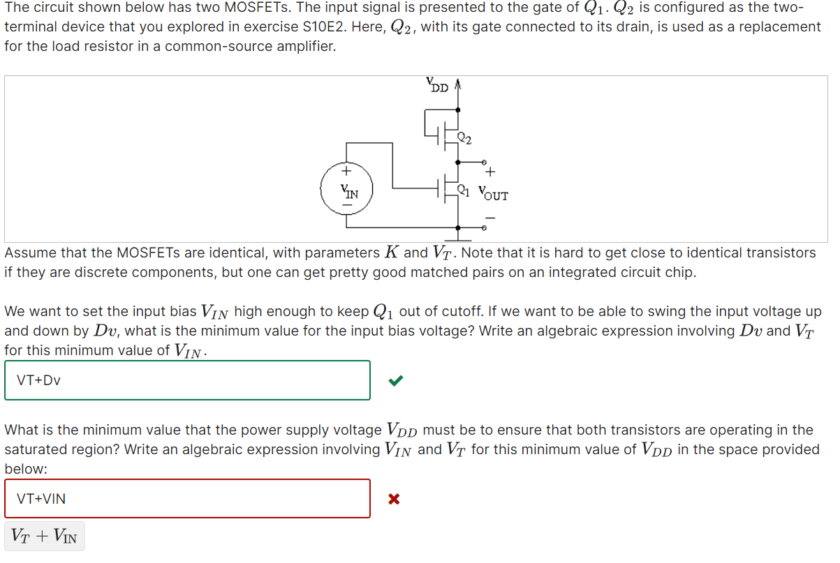 Solved The circuit shown below has two MOSFETs. The input | Chegg.com