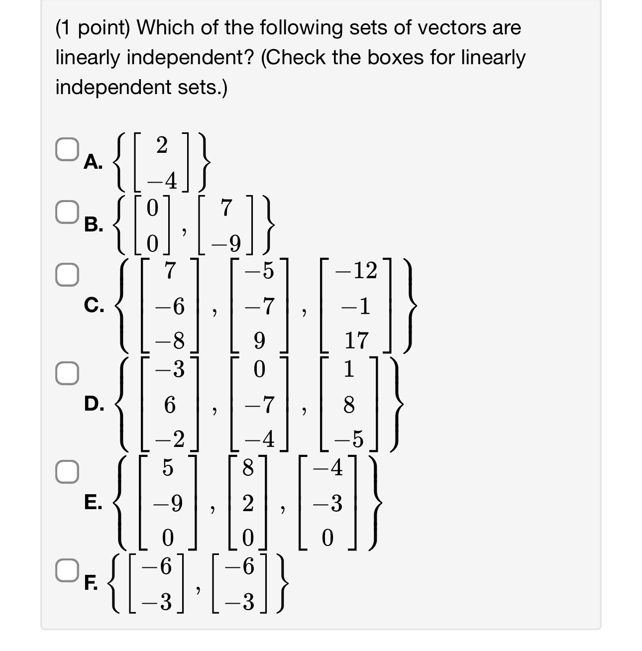 Solved (1 ﻿point) ﻿Which of the following sets of vectors | Chegg.com