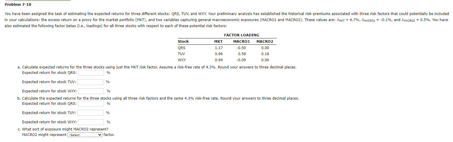 Solved Problem 7-10also estimated the following factor betas | Chegg.com