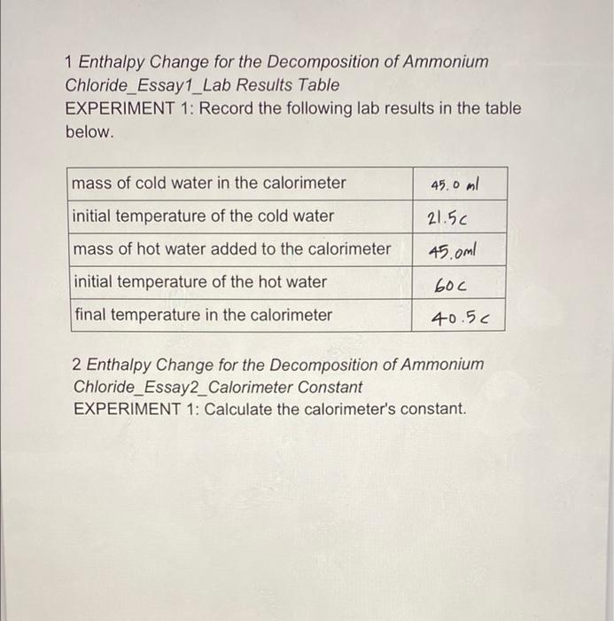 Solved 1 Enthalpy Change for the Decomposition of Ammonium | Chegg.com