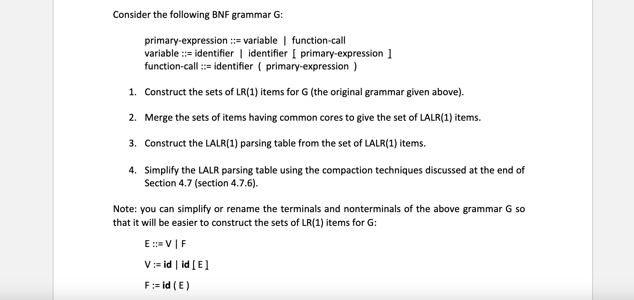 Solved need parsing table chart and documentaion for the | Chegg.com