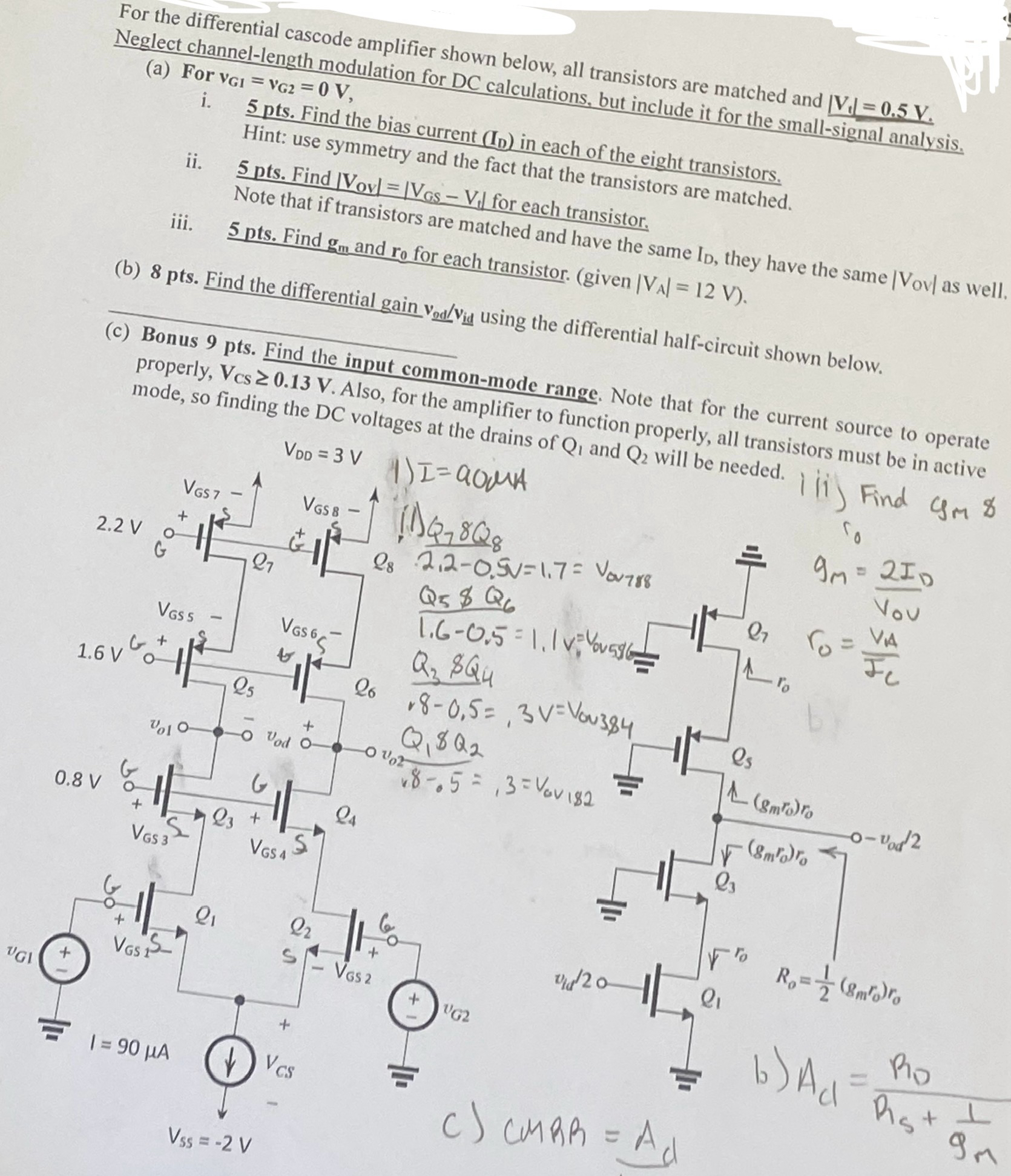 Solved For the differential cascode amplifier shown below, | Chegg.com