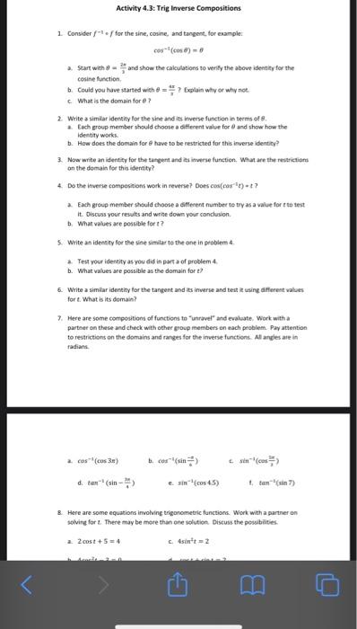 Solved Activity 4.3: Trig Inverse Compositions 1. Consider | Chegg.com
