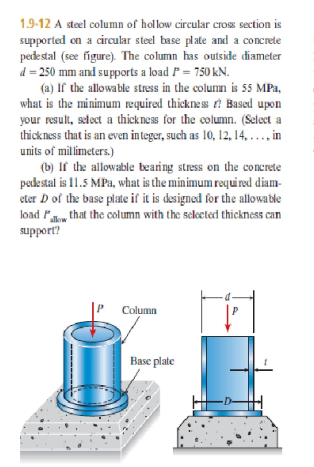 Solved 1.9-12 A steel column of hollow circular cross | Chegg.com