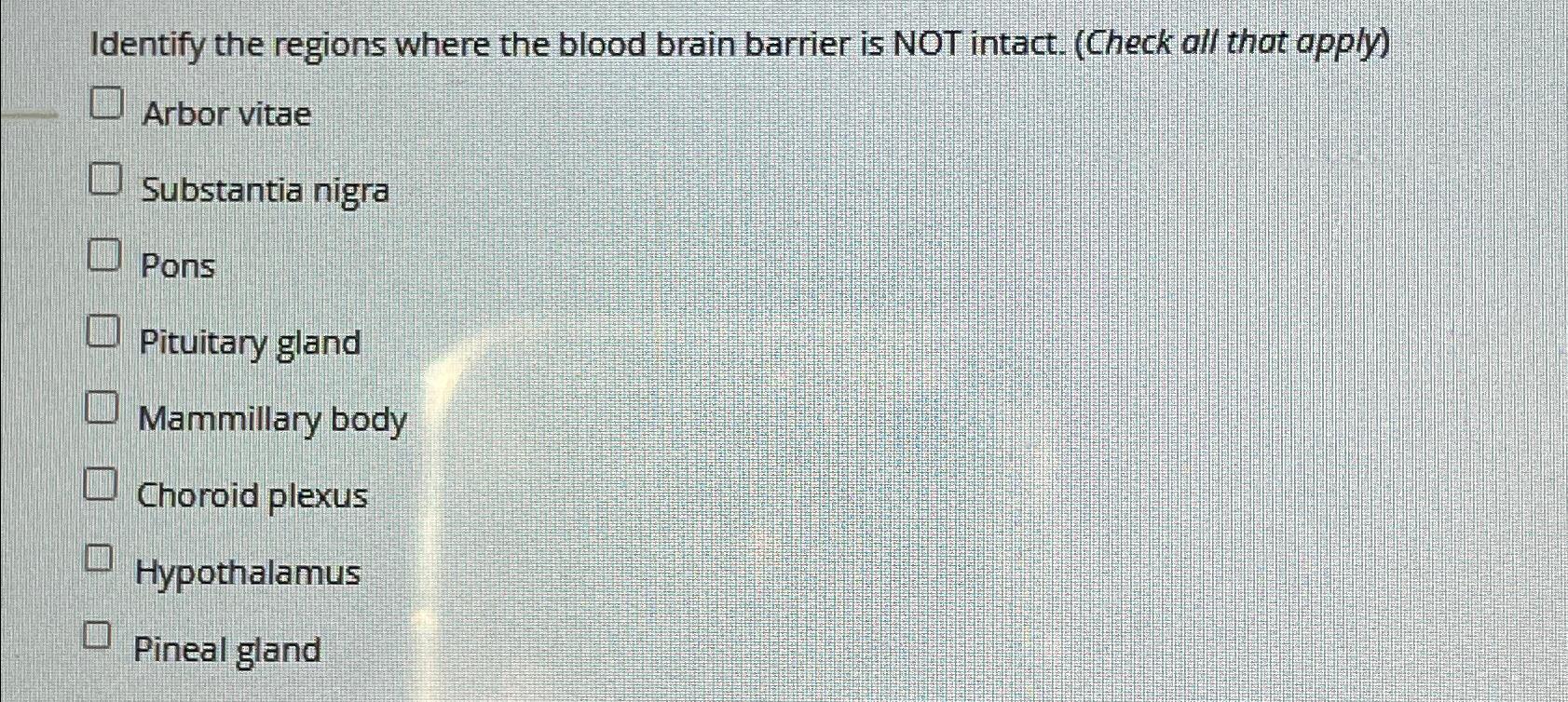Solved Identify the regions where the blood brain barrier is | Chegg.com