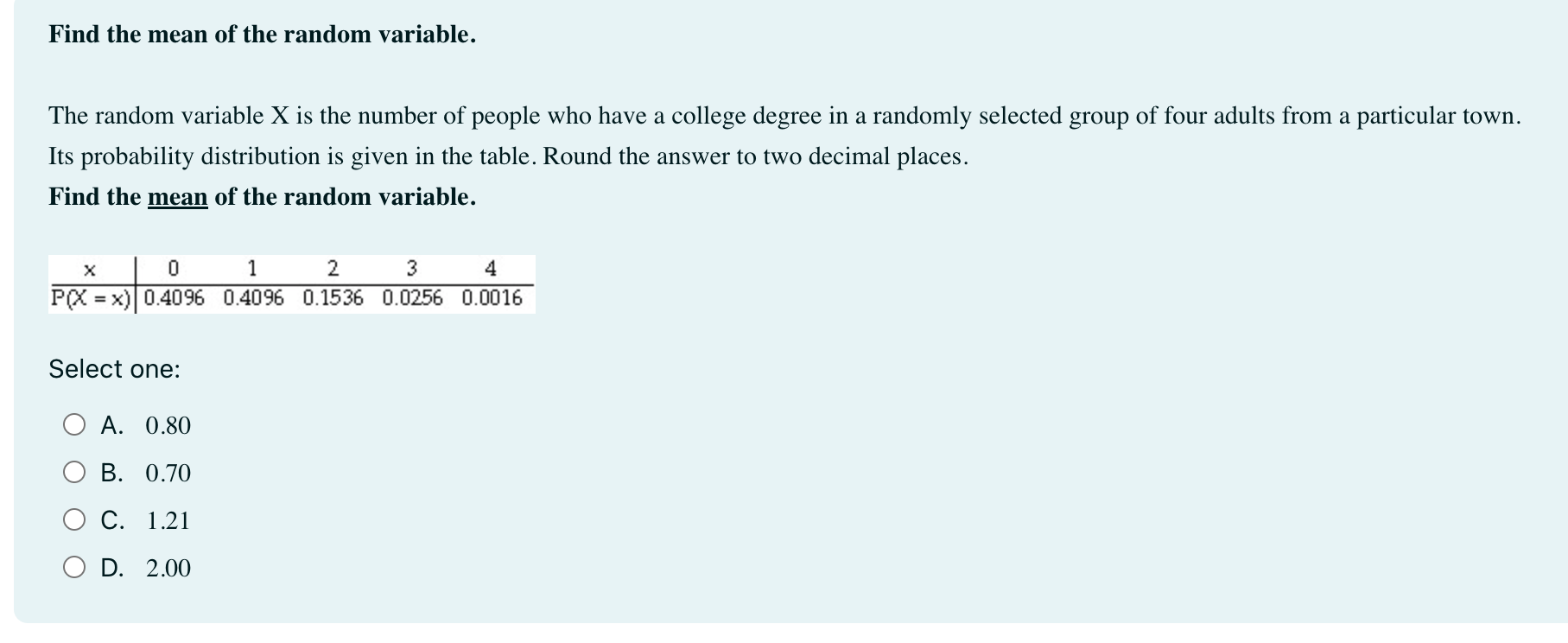 Solved Find the mean of the random variable.The random | Chegg.com