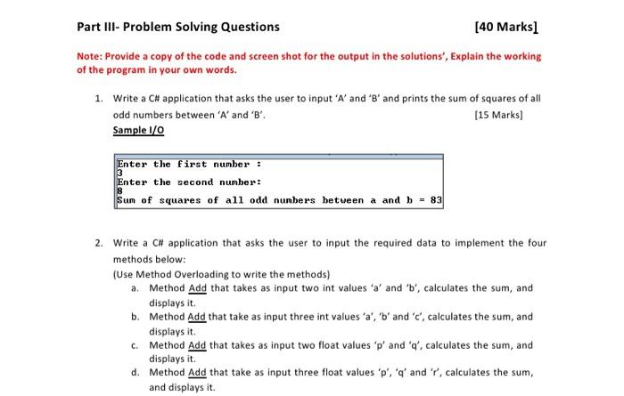 Solved Part III- Problem Solving Questions [40 Marks) Note: | Chegg.com