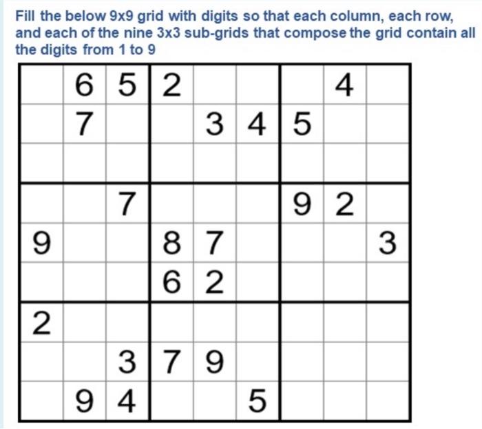 Solved Fill the below 9×9 grid with digits so that each | Chegg.com