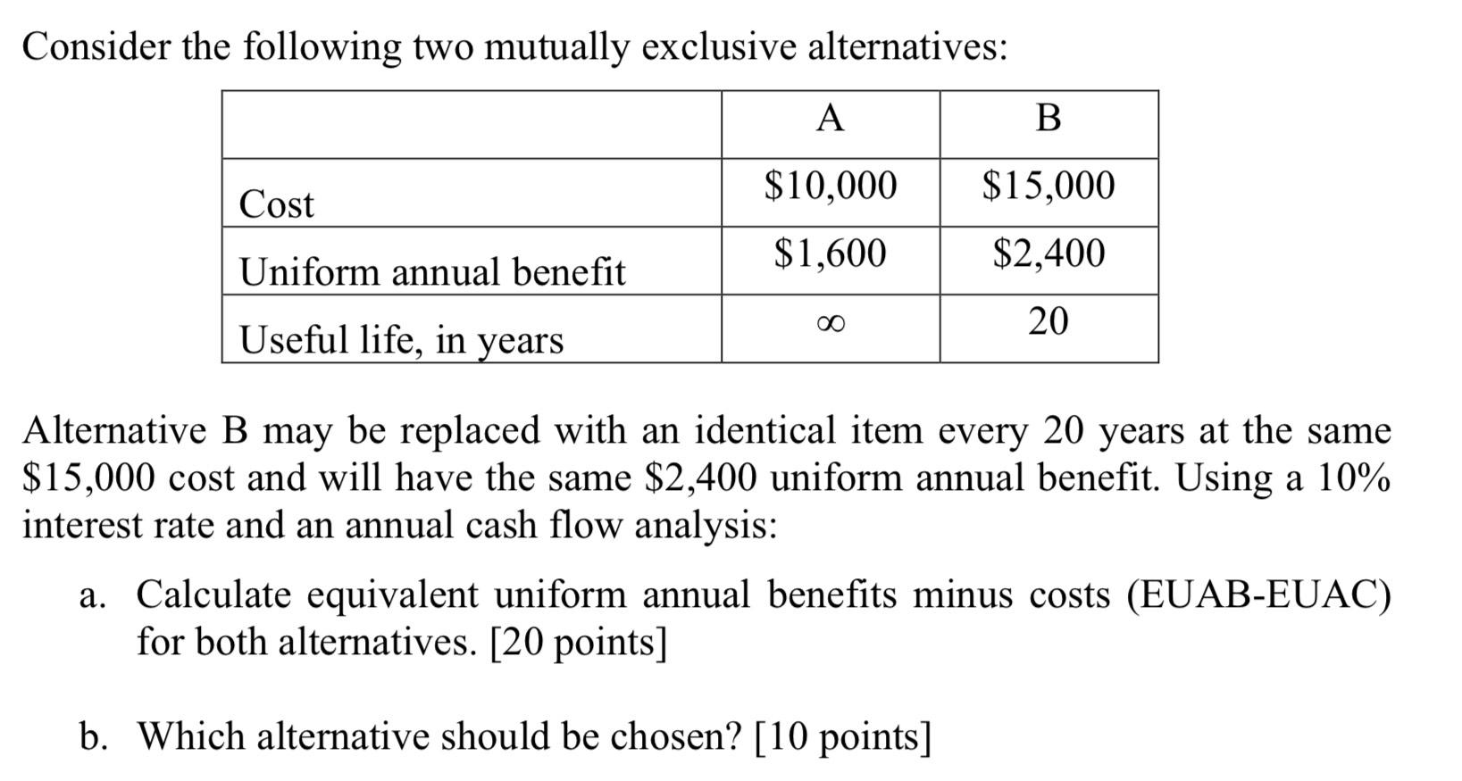 Solved Consider the following two mutually exclusive | Chegg.com