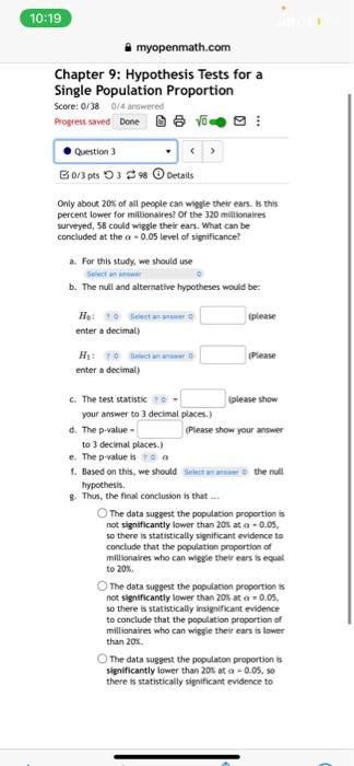 Solved 10:19 myopenmath.com Chapter 9: Hypothesis Tests for | Chegg.com